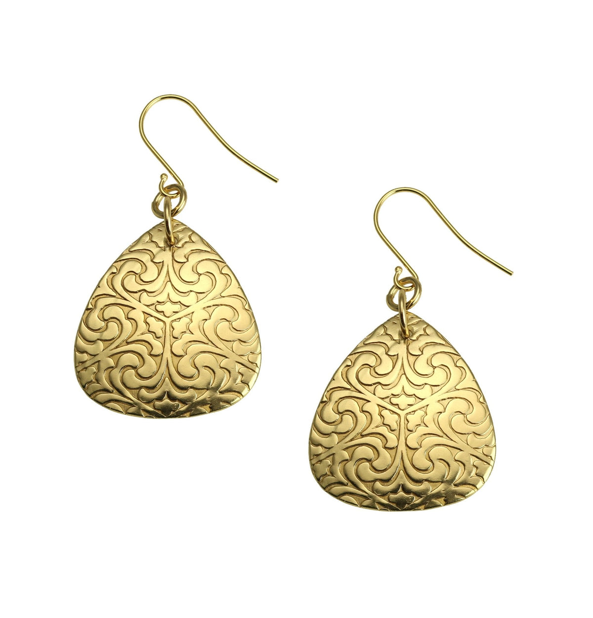 BUY Damask Embossed Brass Nu Gold Triangular Drop Earrings | John S Brana